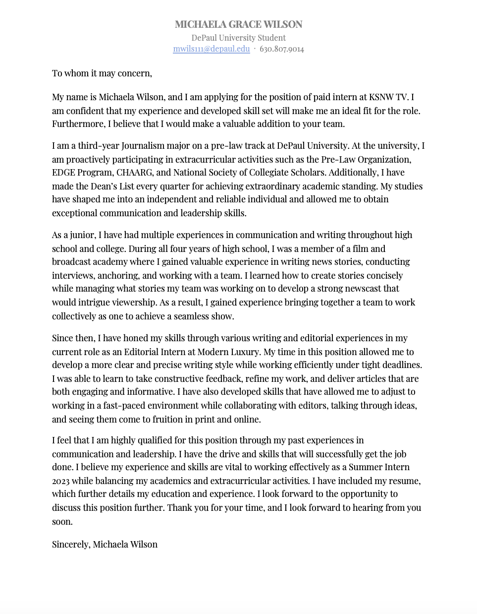 Career Documents – Michaela Wilson